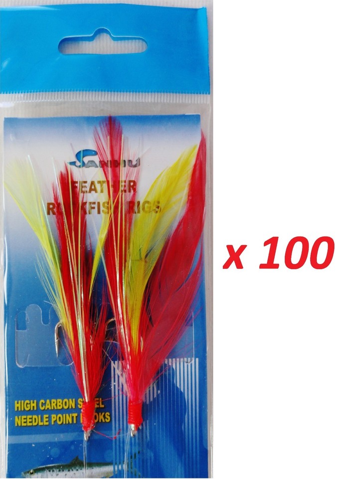 3-100 packs size 3/0 rock cod rigs red/yellow feather rockfish baits-2 ...
