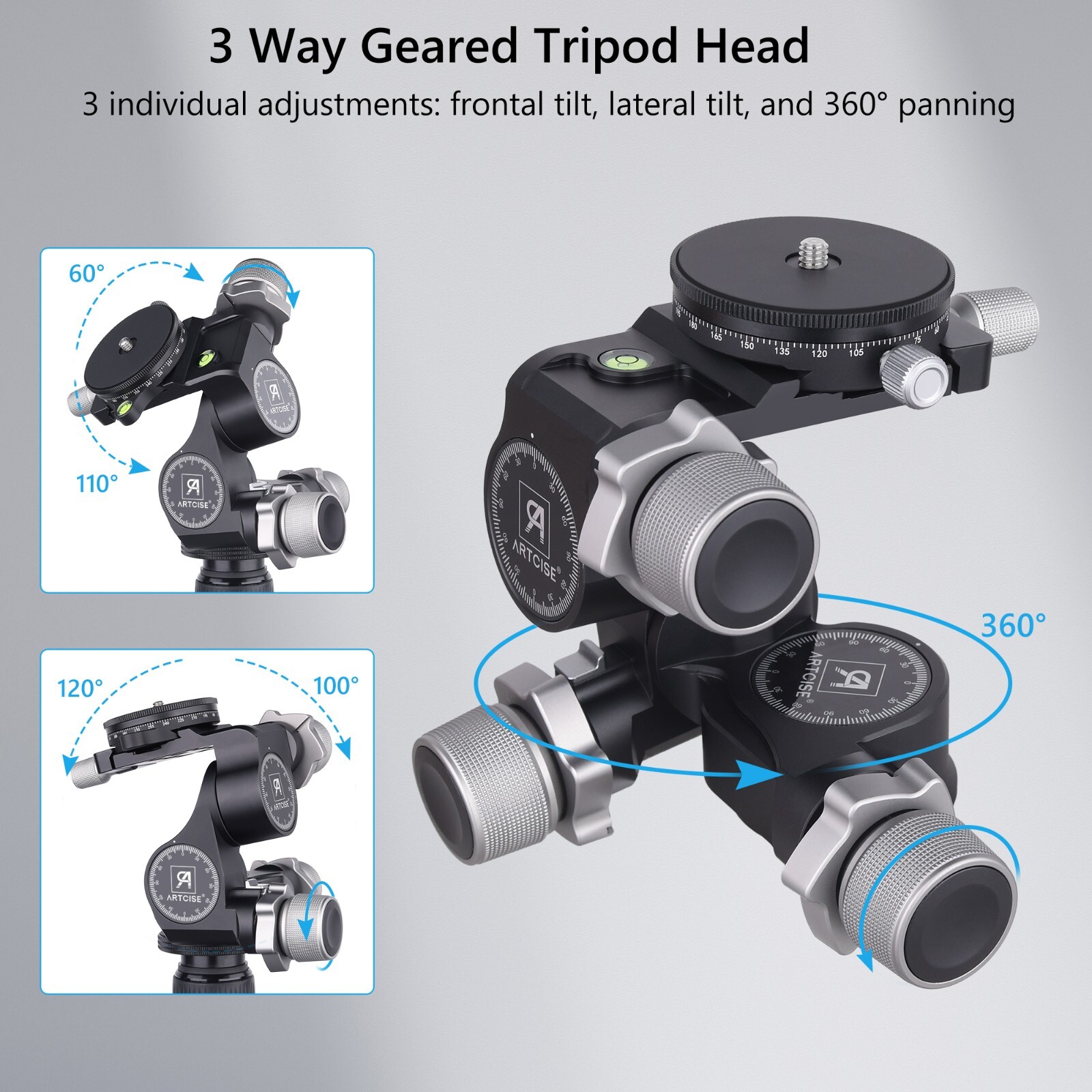 3 Way Geared Tripod Head 3 Axis Pan/Tilt Fluid Head Panoramic W ...