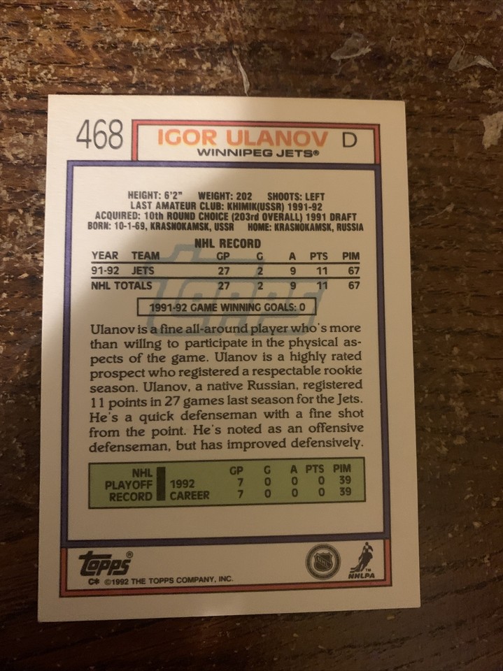 1992-93 Topps Hockey #468 Igor Ulanov | eBay