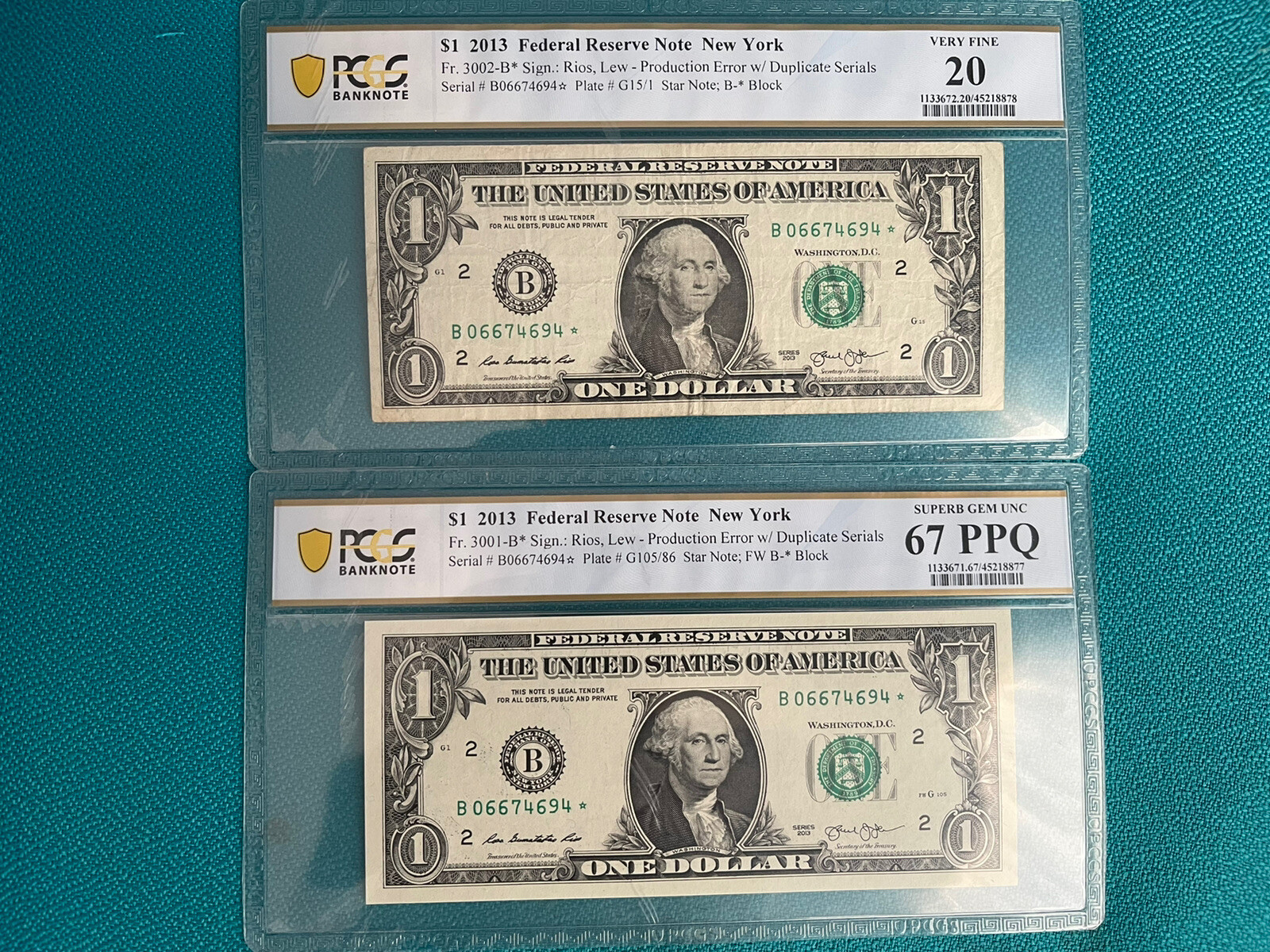 2013 $1 DUPLICATE ST R Bill MATCHED PAIR UNC-GEM PCGS "67PPQ" - B 0 66 ...