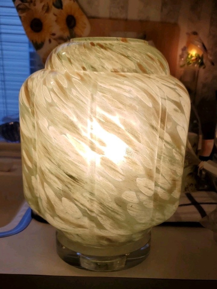 Hand Blown Art Glass Lamp Murano Style Green, White & Gold Swirl 12.5 ...