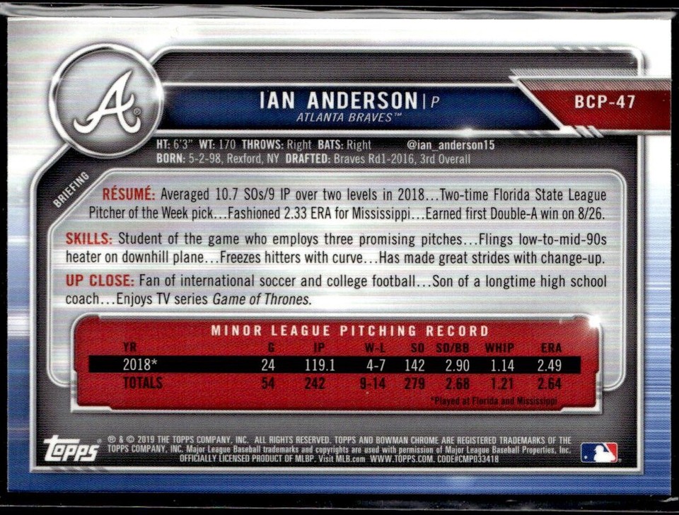 2019 Bowman Chrome Prospects Mojo Refractors #BCP-47 Ian Anderson SN | eBay
