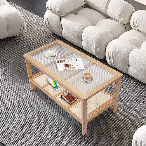 Wood Rectangle Coffee Table 2 Tier Glass Top Table Living Room Furniture Table | eBay