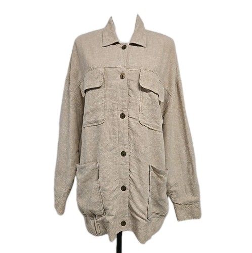 The Normal Brand Oversized Camp Shacket Jacket Linen Blend Tan Beige ...