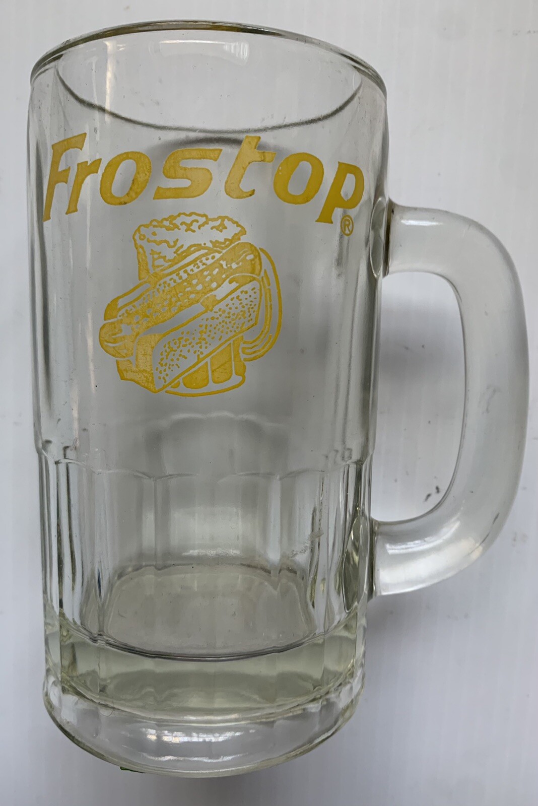 FROSTOP ROOT BEER CLEAR GLASS MUG, YELLOW PAINTED LOGO, 6" HIGH ...