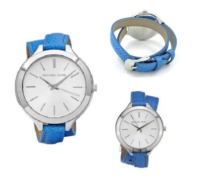 MICHAEL KORS DOUBLE WRAP AROUND BLUE LEATHER SLIM BAND, ROUND DIAL ...