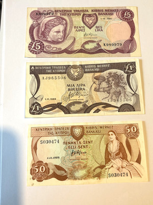 Central Bank Of Cyprus Banknotes £5 Pounds/ Lira- £1/ Lira - 50 cent ...