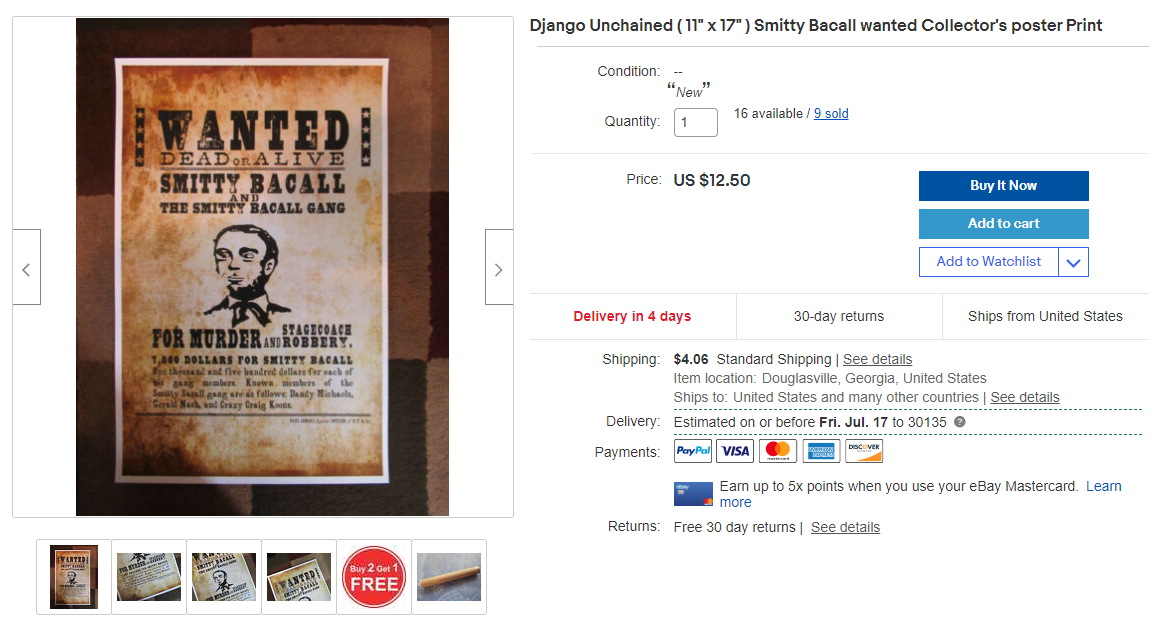 Django Unchained 11" x 17" Smitty Bacall wanted Collector's poster | eBay