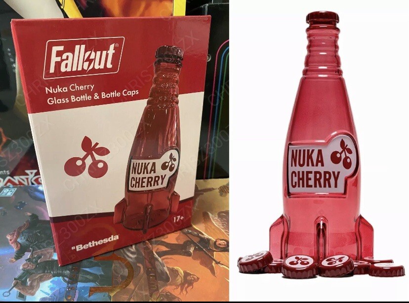 Fallout Nuka Cola Cherry Glass Bottle + 10 Bottle Caps Rocket Replica ...