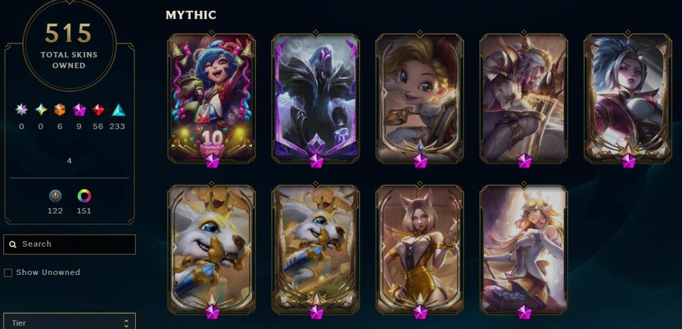 NA All champs owned 515 Skins 151 Chromas 6 ultimate 9 mythic 22k BE ...