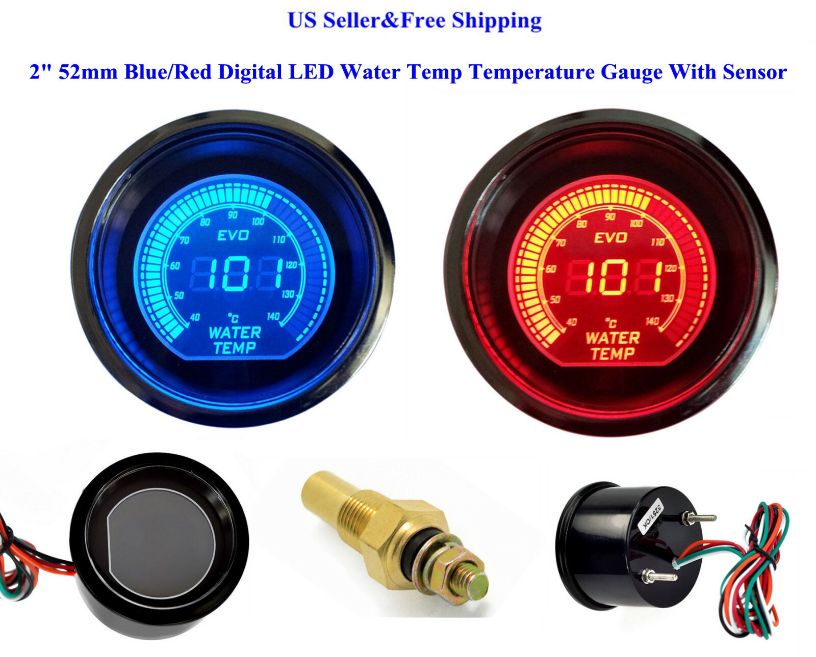 2" 52mm Blue/Red Digital LED Water Temp Temperature Gauge With Sensor ...
