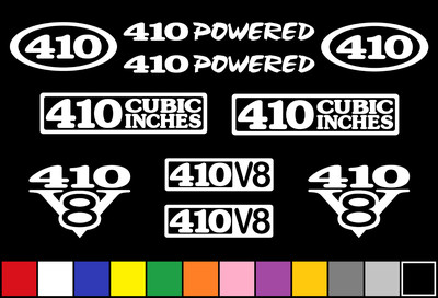 410 CI V8 POWERED 10 DECAL SET ENGINE STICKERS EMBLEMS FENDER BADGE ...