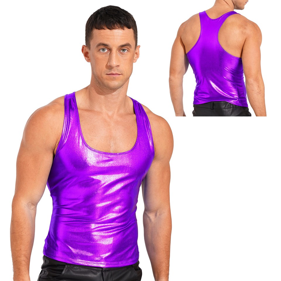 Men Shiny Metallic Sleeveless Muscle Tank Top Faux Leather Vest Tops ...