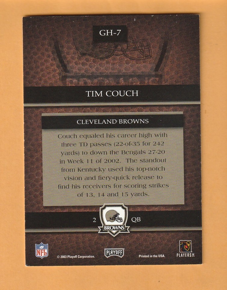 Tim Couch Cleveland Browns 2003 Playoff Prestige Gridiron Heritage ...