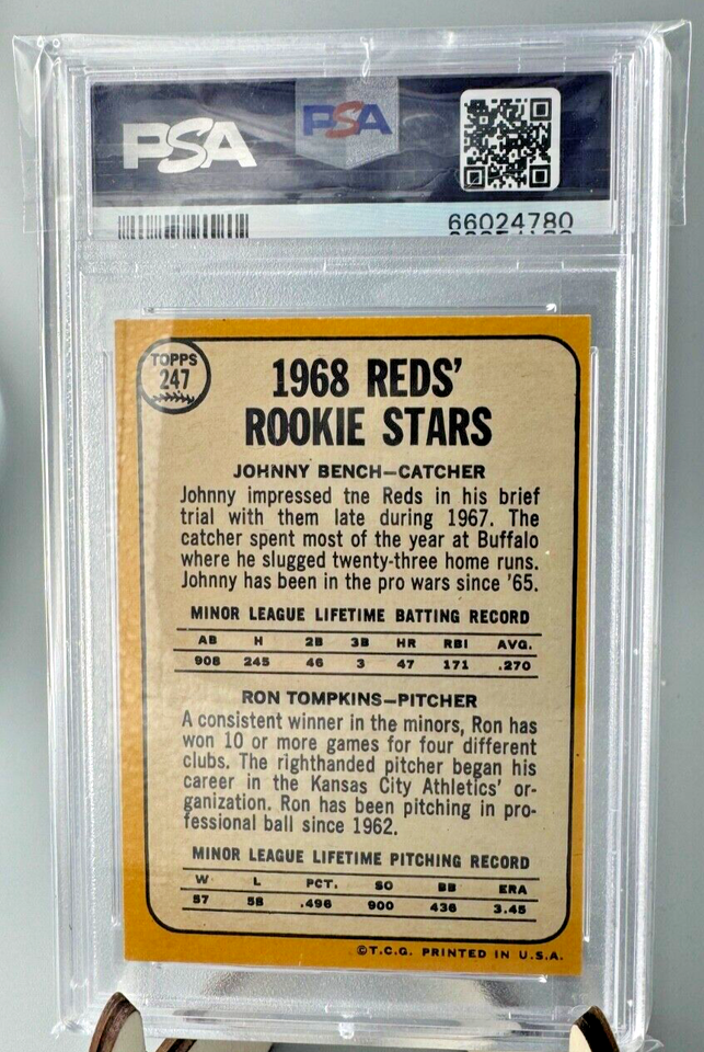 JOHNNY BENCH PSA 6 1968 TOPPS BASEBALL #247 REDS ROOKIE STARS RC EX ...