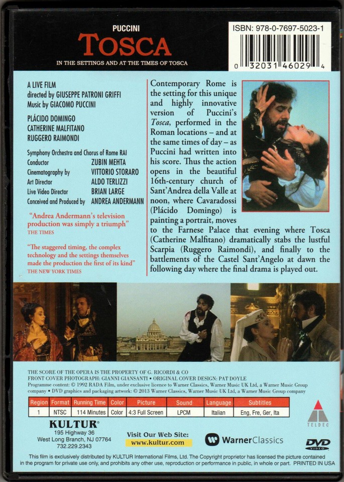 PUCCINI La TOSCA a DVD of the CLASSICAL Italian OPERA Music with ...