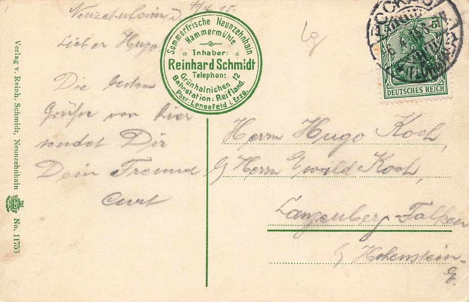 Summer Freshness Neuzehnhain Pockau Erzgebirge Saxony Postcard AK 1915 ...