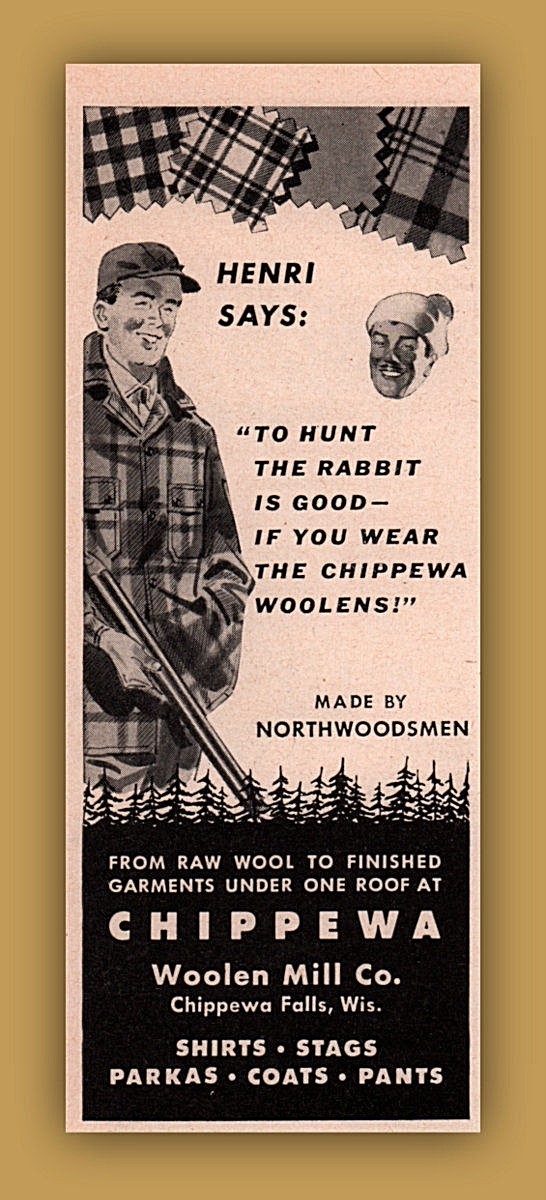 1948 AD CHIPPEWA WOOLEN MILL HUNTER PLAID HENRI SAYS HUNT RABBIT | eBay