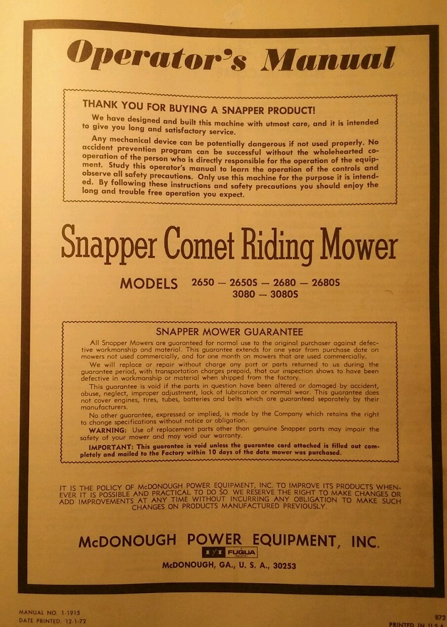 Snapper 1972 Comet Riding Lawn Mower Tractor Owner & Parts Manual 2650 ...