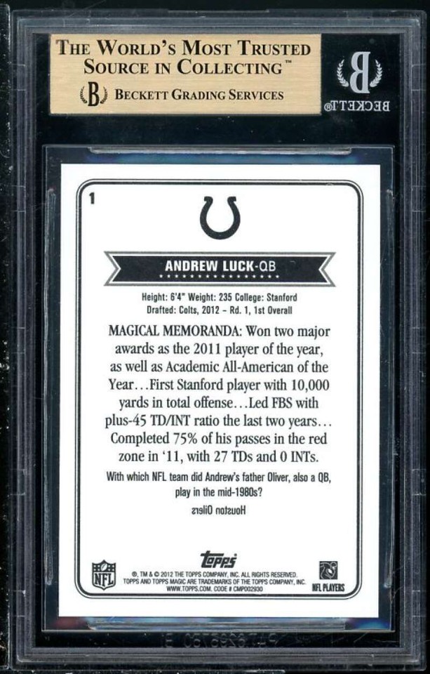 Andrew Luck Rookie Card 2012 Topps Magic #1 BGS 9.5 (Read Description ...