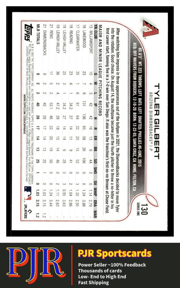 2022 Topps #130 Tyler Gilbert Arizona Diamondbacks | eBay