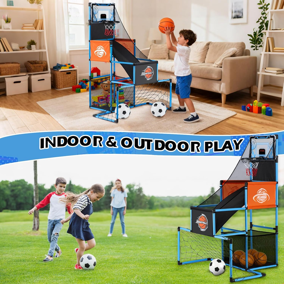 2 in 1 Basketball Arcade Game & Soccer Goal for Kids, Adjustable Kid ...