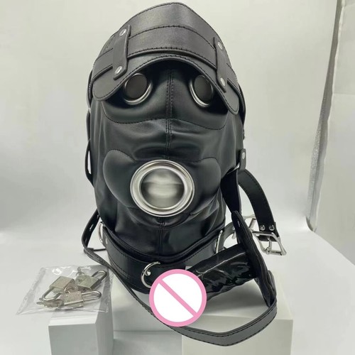 PU Leather Head Hood Gimp Eye Mask with Open Mouth Gag Cosplay Bondage ...