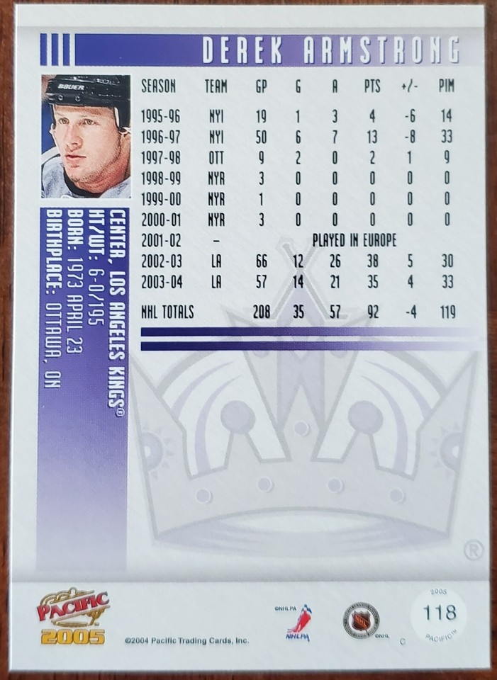 2004-05 PACIFIC DEREK ARMSTRONG LOS ANGELES KINGS CARD #118 NM/MT | eBay