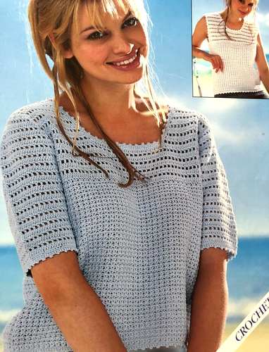 CROCHET PATTERN WOMENS SHORT SLEEVE JUMPERS DK & 4 PLY PATTERN 32 - 50 ...