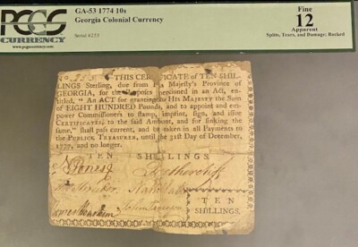 1774 10 Shillings Georgia Colonial Currency 2 Notes Known In The Entire ...
