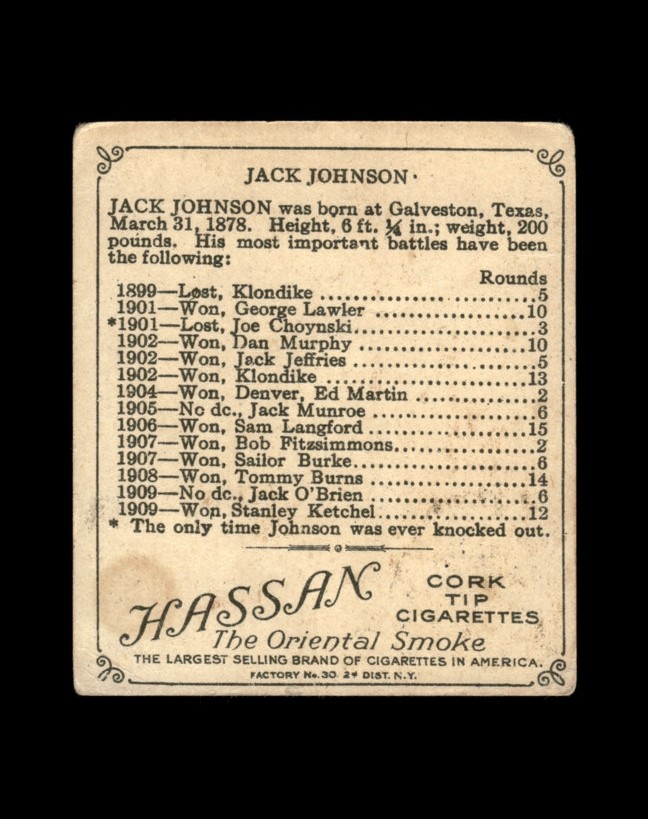 1910 T218 Mecca Cigarettes Set-Break Jack Johnson VG-VGEX (crease ...