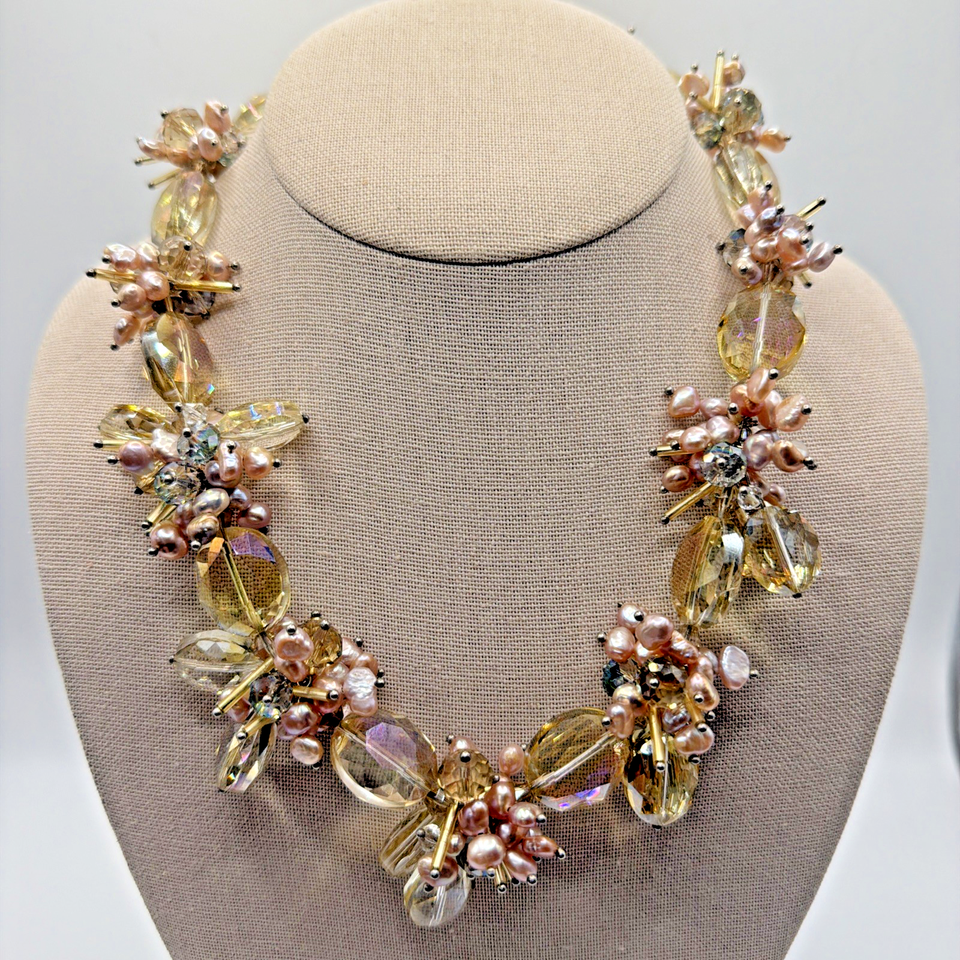 Faceted Crystal Cluster Pink Pearl Statement Necklace | eBay
