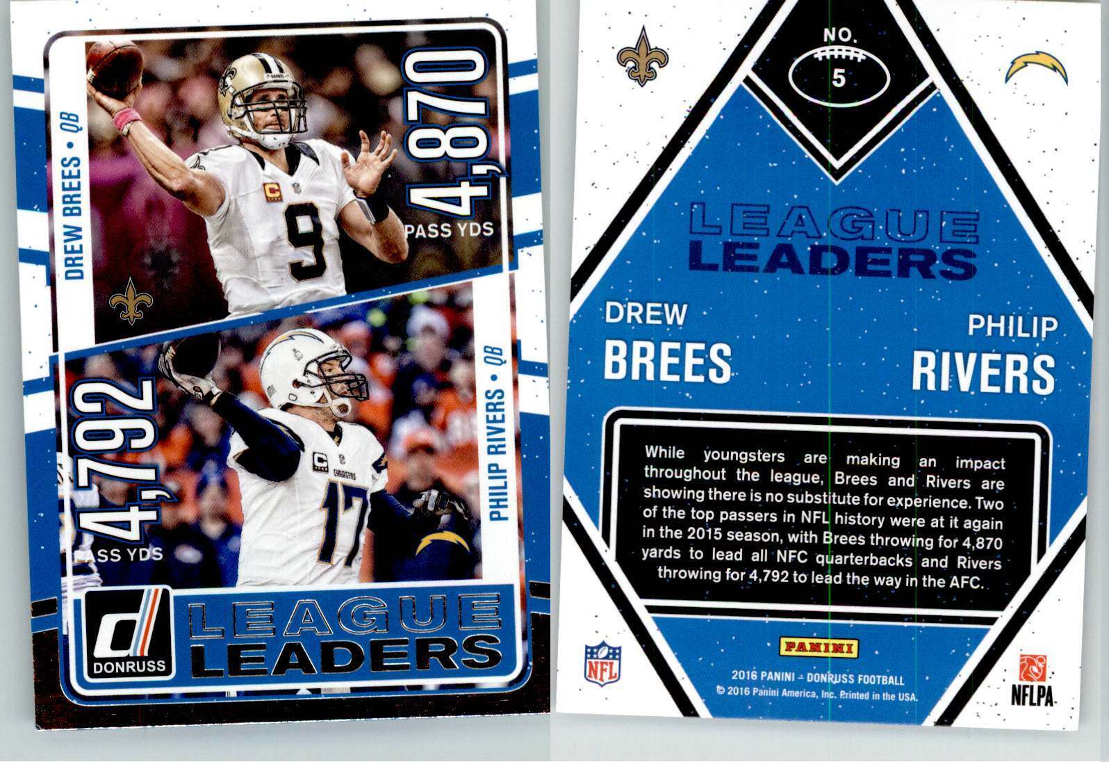 Drew Brees Philip Rivers 2016 Donruss League Leaders #5 Saints Chargers ...