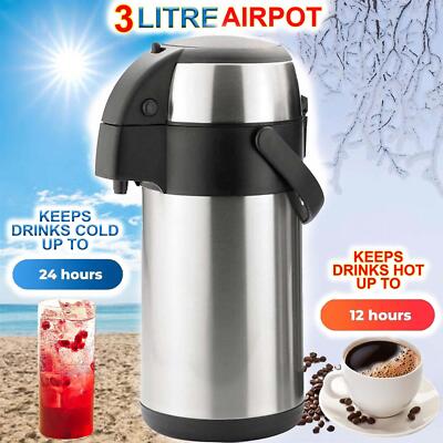 3L Tea Coffee Air Pot Flask Pump Vacuum Insulated Carry Handle Thermal ...