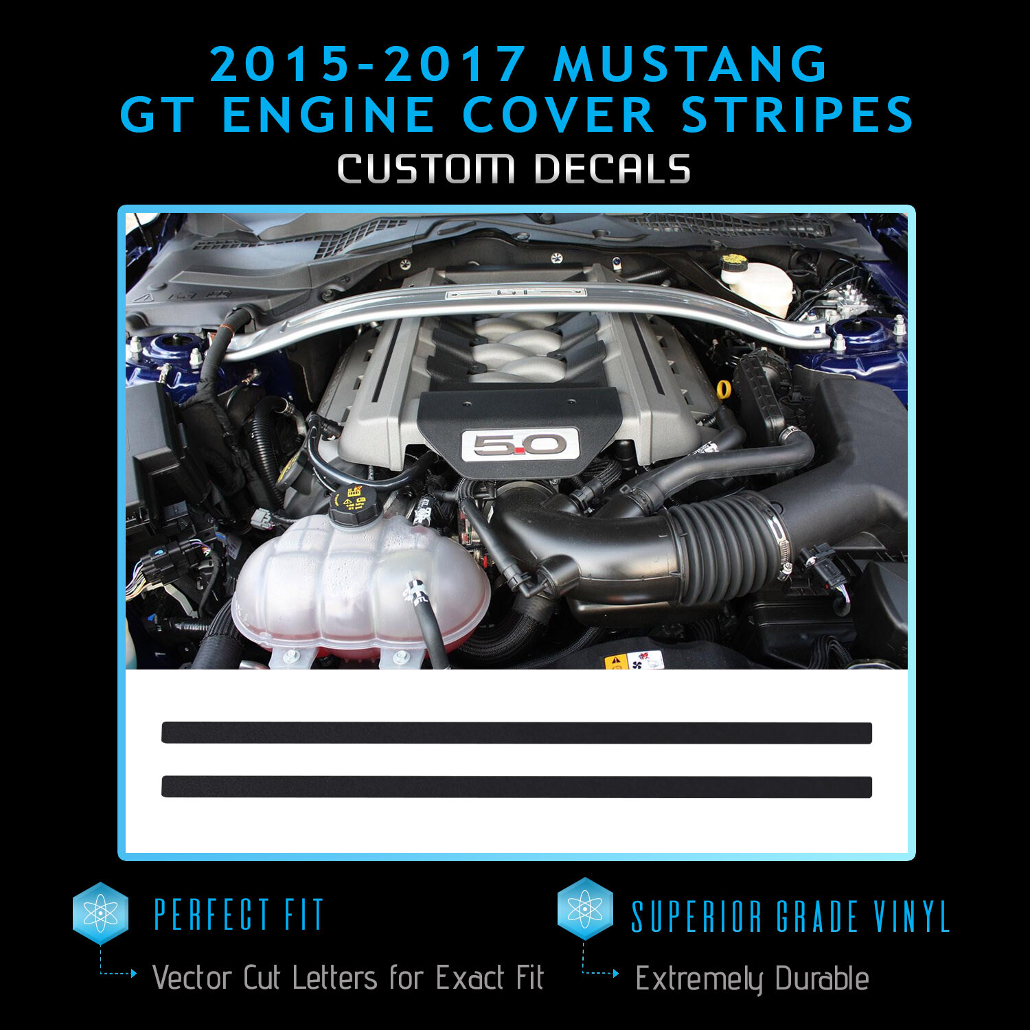 For 2015-2017 Mustang GT Engine Cover Stripes Vinyl Decal - Satin Matte ...