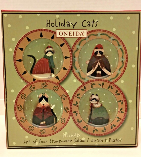 Fiddlestix Holiday Cats Salad Dessert Plates 4pc Set ONEIDA Stoneware ...