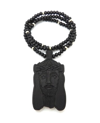 Black Jesus Head Pendant & 6mm 26" Wooden Beads Chain Fashion Necklace ...