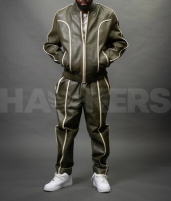 Men's 100% Real Leather Jogging TrackSuit ,Workout Jacket+Pant ,Full ...