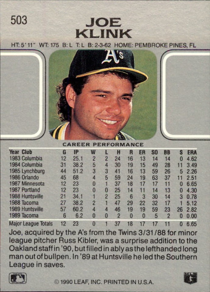 1990 Leaf #503 Joe Klink Oakland Athletics | eBay