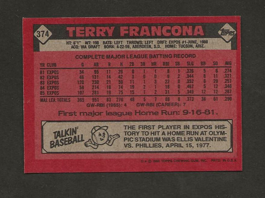 1986 TOPPS BASEBALL CARD # 374 TERRY FRANCONA Montreal Expos mint | eBay