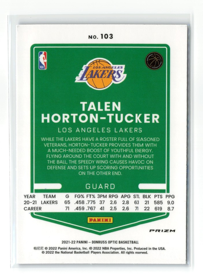 Talen Horton-Tucker #103 2021-22 PANINI DONRUSS OPTIC Purple | eBay