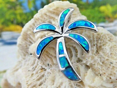 REAL STERLING SILVER BLUE FIRE OPAL PALM TREE SLIDE PENDANT WITH OPAL ...