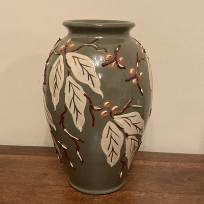 Brannam Royal Barum Ware Green Winter Berries Vase 24cms damaged a/f ...
