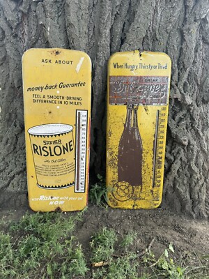 👀2 VINTAGE ORIGINAL THERMOMETERS/ SIGNS DR. PEPPER & RISLONE Soda Gas ...