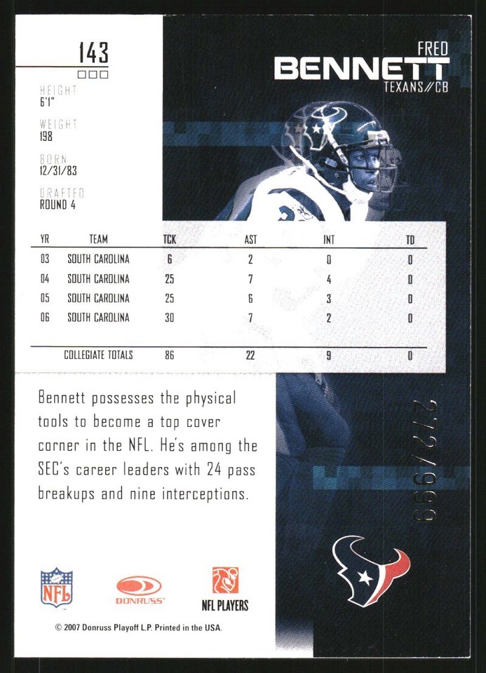 2007 Rookies & Stars Football Card #143 Fred Bennett Rookie | eBay