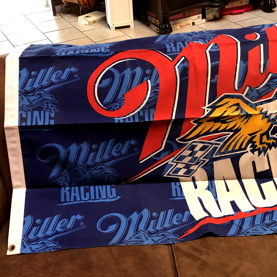 Vintage Miller Beer Racing Banner 5' x 3' Red and Blue Canvas Cloth EUC ...