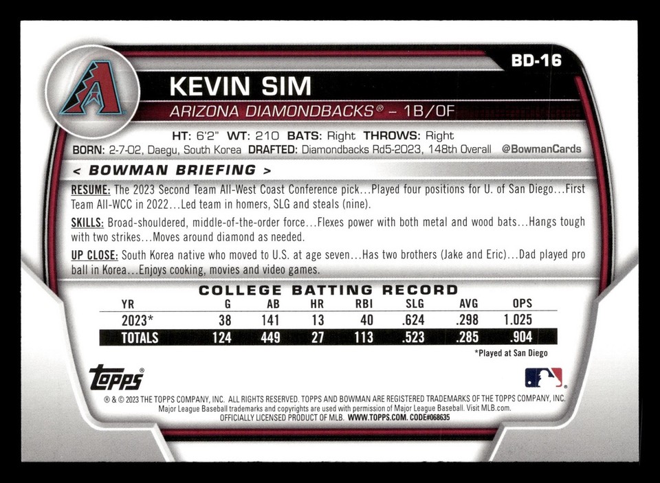 Kevin Sim 2023 1st Bowman Draft #BD-16 Arizona Diamondbacks ROOKIE RC ...