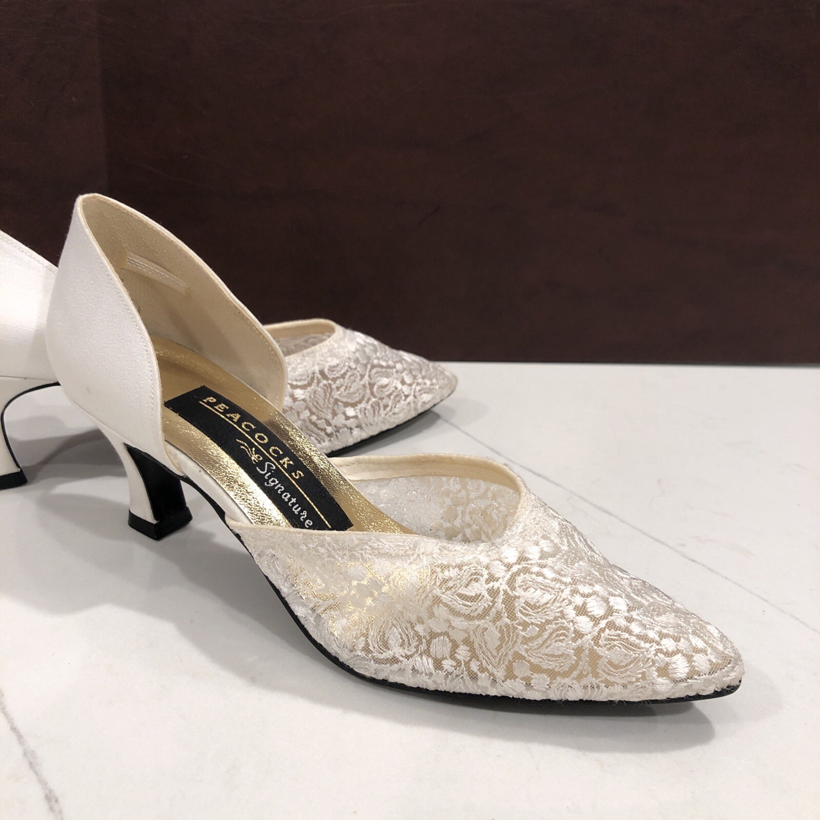 Peacocks Signature Ivory Wedding Heels Pointed Lace T… - Gem