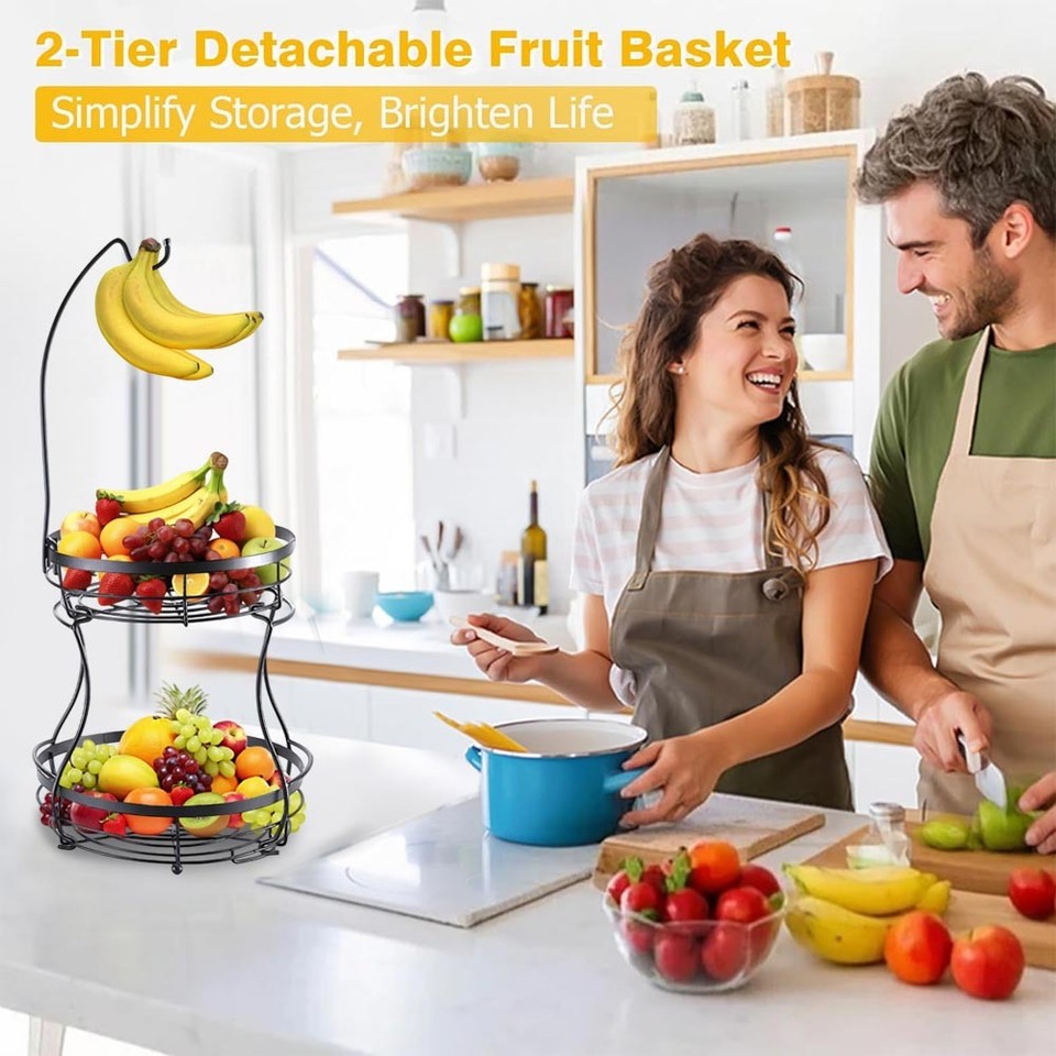 2-Tier Fruit Baskets with Banana Holder Standing Daily Kitchen Modern ...