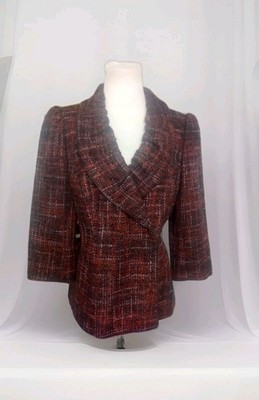 Classiques Entier Burgundy Red Tweed Ruffle Blazer Sz M Lined Wool ...